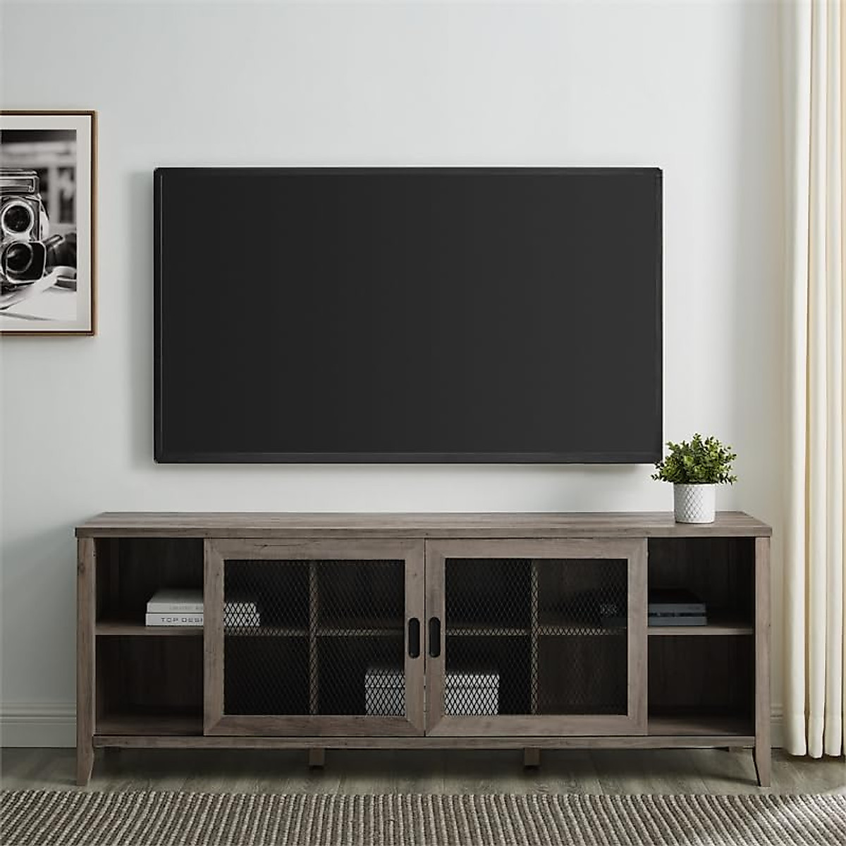 Walker Edison Farmhouse Sliding Mesh Barn Door 70" Industrial TV Stand Console in Rustic Grey Wash