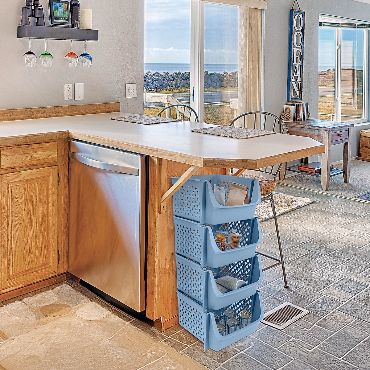 Spec101 Plastic Stackable Storage Bins - 4pc Blue Closet Organizer Bins 28in Tall Big Plastic Boxes for Home and Kitchen