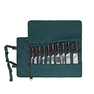 Heavy Duty Waxed Canvas, Multi-Purpose Knife Case With 11 Slots, Durable Handle, Elastic Band (Dark Green)