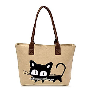 Women Canvas Handbag Cartoon Cat Eat Fish Tote Purse Leisure Hobo Bag for Shopping, Khaki