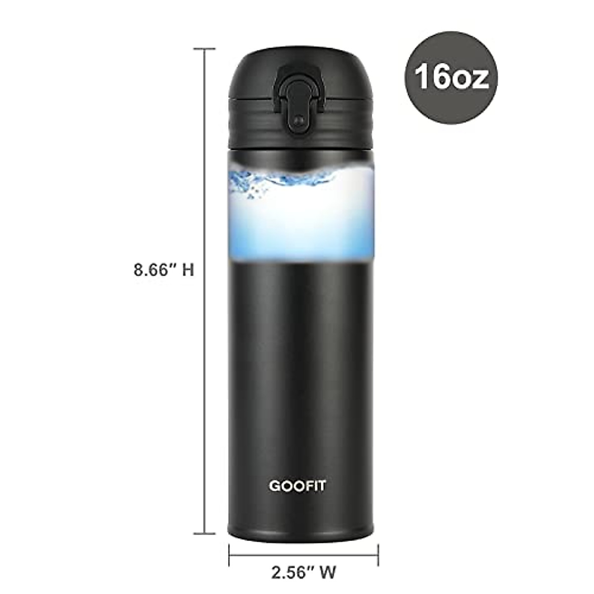 GOOFIT Water Bottle Double Wall Vacuum Insulated Thermos Beverage Coffee Bottle Stainless Steel Travel Mug Thermos Flask BPA Free Keeps Cold 24H Hot 24H 16 Oz Black