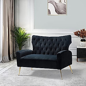 HULALA HOME Velvet Loveseat Sofa with Wingback & Gold Legs, Modern Button-Tufted 2-Seater Sofa for Living Room Bedroom, Comfy Upholstered Small Love Seat Couch, Black