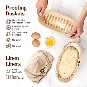 ABIOTO 2 10 Inch Oval Proofing Baskets for Sourdough Bread Baking & Supply, Includes All Necessary Bread Making Tool, Banneton Baskets, Bread Lame, Danish Whisk, Bowl & Dough Scrapers & Linen Liners