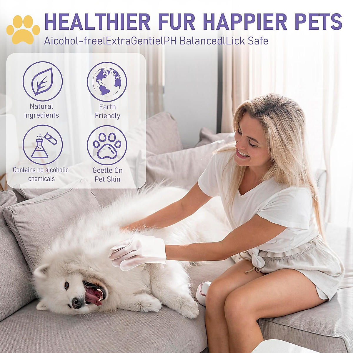 Pet Cleaning Glove Bathing Wipes for Dogs and Cats, Hypoallergenic Deodorizing No-Rinse Grooming Wipes for Paws, Body, and Butt, Perfect for Cat Dry Cleaning, Daily Care and Travel, Lavender, 8 Pcs