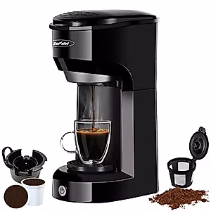 Single Serve Coffee Maker, K Cup Coffee Maker for Capsule Pod Ground Coffee, 1000W Single Cup Coffee Maker with Permanent Filter 6-14oz Reservoir One-Touch Button Fast Brew & Auto Shut Off, Black