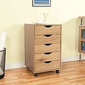 Naomi Home Taylor 5 Drawer Chest, Wood Storage Dresser Cabinet with Wheels, Storage Organization, Makeup Drawer Unit for Closet, Bedroom, Office File Cabinet 180 lbs Capacity – Natural