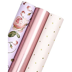 WRAPAHOLIC Wrapping Paper Roll - Mini Roll - 3 Rolls - 17 Inch X 120 Inch Per Roll - Pink and Rose Gold Design for Wedding, Holiday, Party, Baby Shower