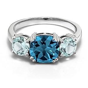 Gem Stone King 925 Sterling Silver London Blue Topaz and Sky Blue Topaz 3 Stone Engagement Ring For Women (3.74 Cttw, Gemstone Birthstone, Cushion 8MM, Available in Size 5,6,7,8,9)