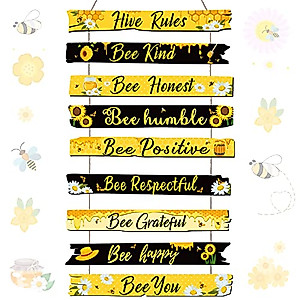Jetec Bee Sign Hive Rules Bee Wall Decor Plaque Bee Gift Humble Bee Decor Christmas Bee Ornament for Xmas Home Spring Daisy Sunflower Decorations for Living Room Rustic Kitchen Decor (Black, Yellow)