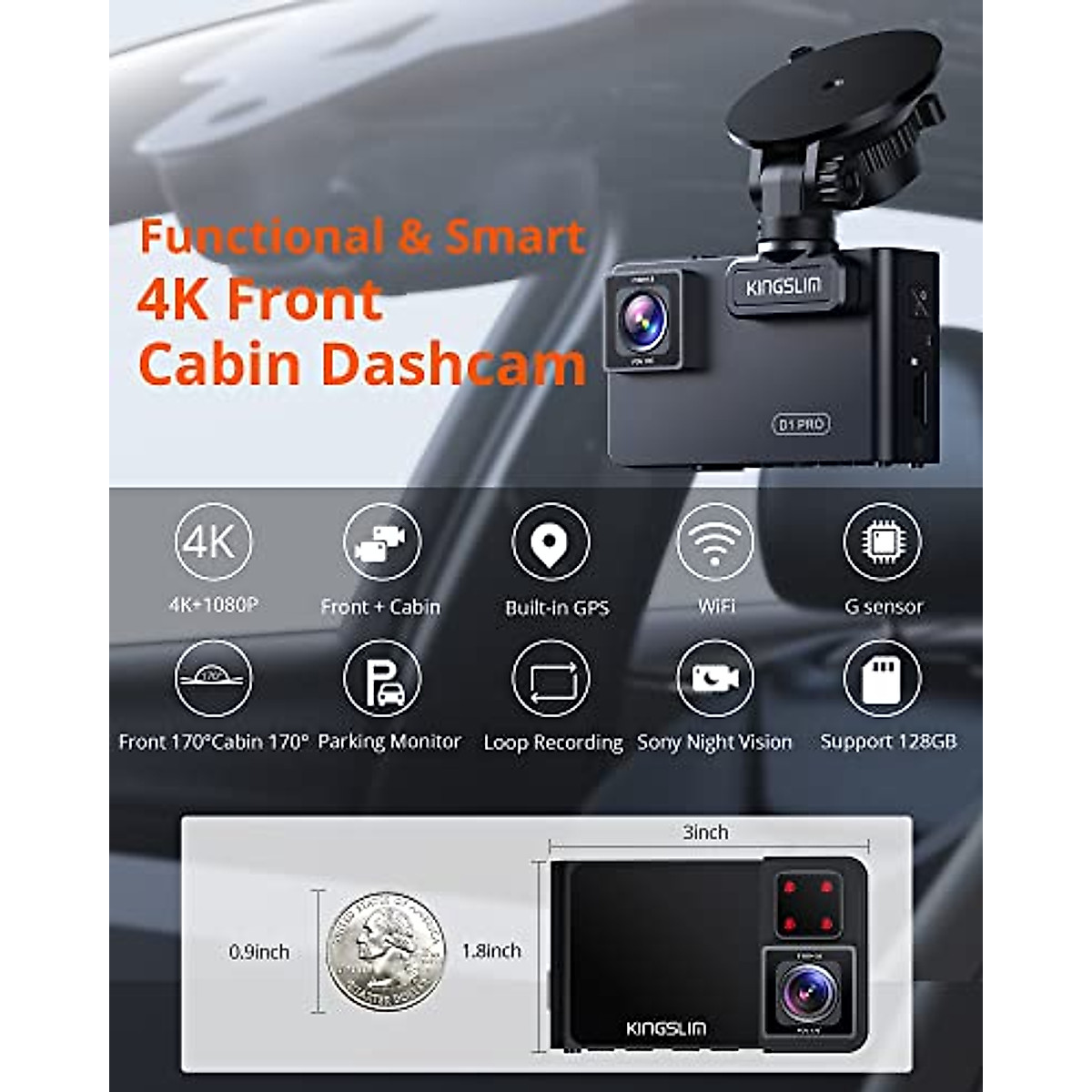 Kingslim D1 pro Dual Dash Cam 4K Record Inside - Front and Inside Dash Camera GPS WiFi for Cars Uber Truck, Dashcam with Infrared Night Vision, G-Sensor, Loop Recording(Upgraded Version)