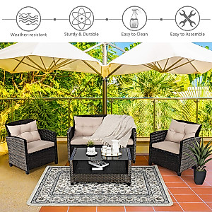 Tangkula 4-Piece Outdoor Rattan Furniture Set, PE Rattan Wicker Sectional Sofa with Loveseat Chair & Glass Table, Patio Cushioned Conversation Sets for Backyard Porch Garden Poolside (1, Brown)