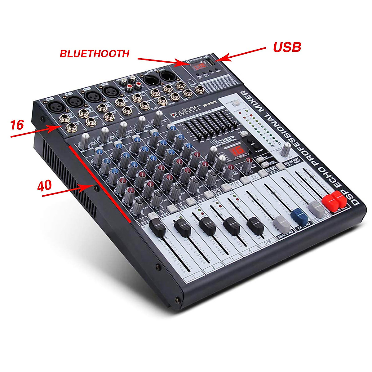 Boytone BT-60MX, 6 Channel Bluetooth Audio Mixer - DJ Sound Controller, USB MP3 Player, 4 XLR Microphone Jack, 7 Band EQ, 16 DSP Digital Multi Effects Processor, RCA IN-OUT Jack, 48V Phantom Power
