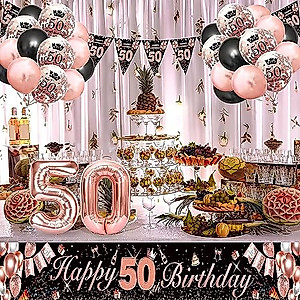 CheeseandU 18th/21th/30th/40th/50th Birthday Decorations for Women, Rose Gold Happy 18th/21th/30th/40th/50th Birthday Banner Yard Sign with Black Rose Gold Confetti Birthday Balloons for