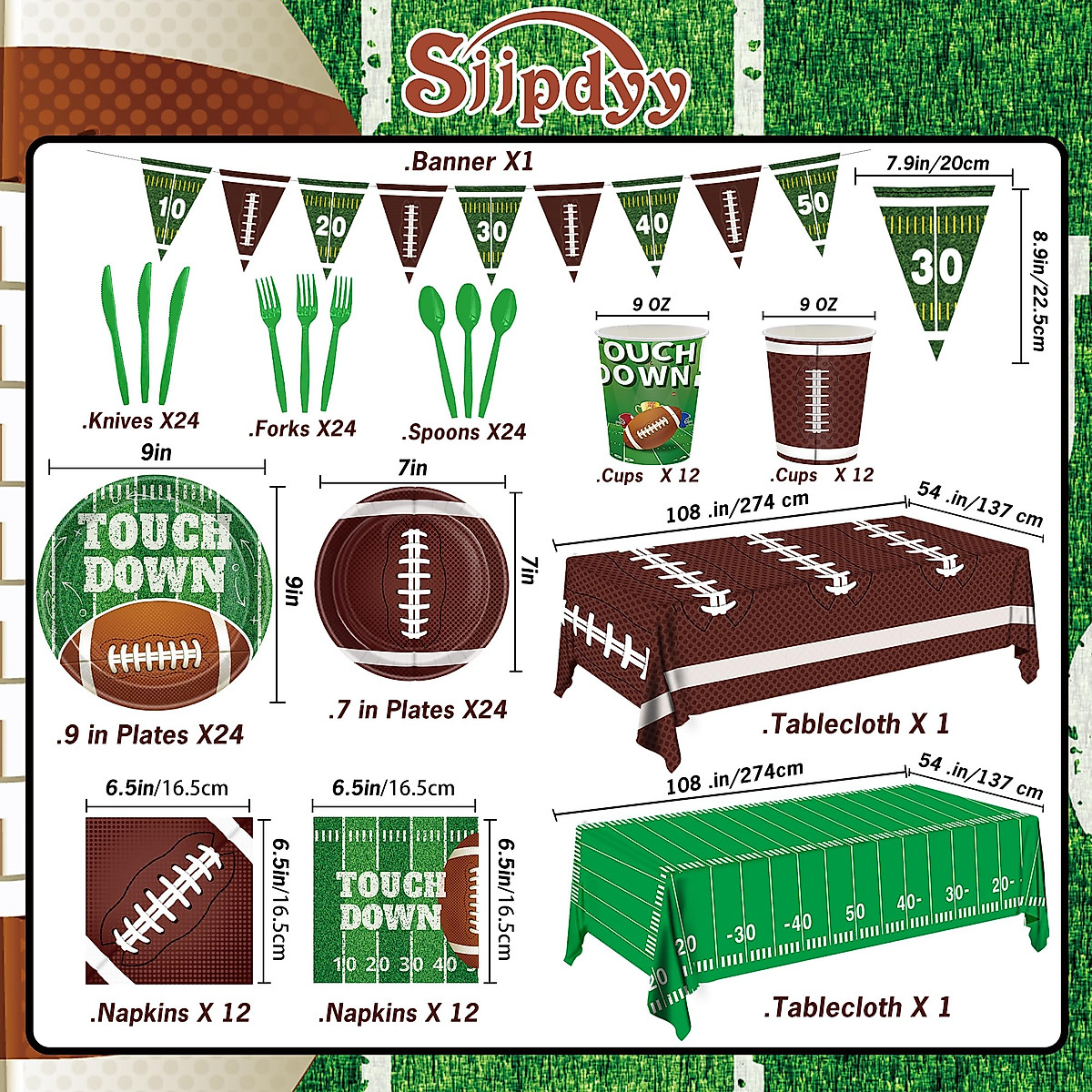 171PCS Football Party Supplies Kit Rugby Paper Plates Cups Napkins Spoon Fork knives Tablecloth Touchdown Party Decorations Tableware for 24 Guests for Football Game Super Bowl Party Birthday Party