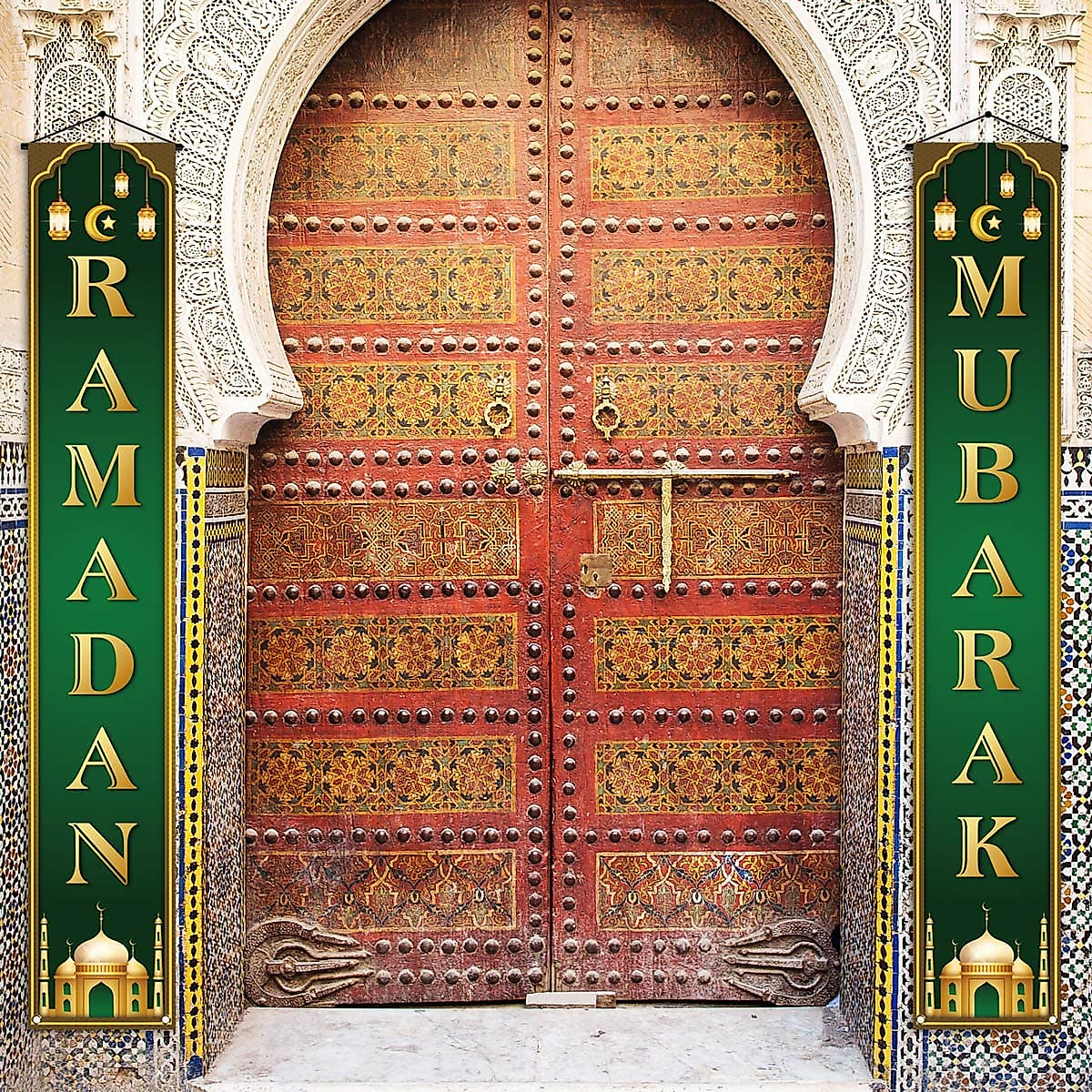 Ramadan Mubarak Porch Banner Islamic Mosque Lamp Muslim Religious Holiday Front Door Sign Wall Hanging Party Decoration