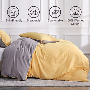 KAKABELL 100% Washed Cotton Linen Duvet Covers Set,Luxury Soft and Breathable Portable Openings 3 Piece Bedding Set,1200 Thread Count,with 8 Corner Ties 90x90 Inches(Light Yellow Grey,Full/Queen)