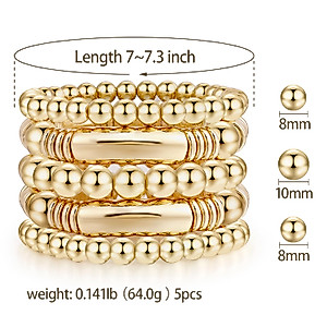 Gold Bangles Bracelet for Women Chunky Curved Stacking Plated Bead Ball Stretchable Bracelets