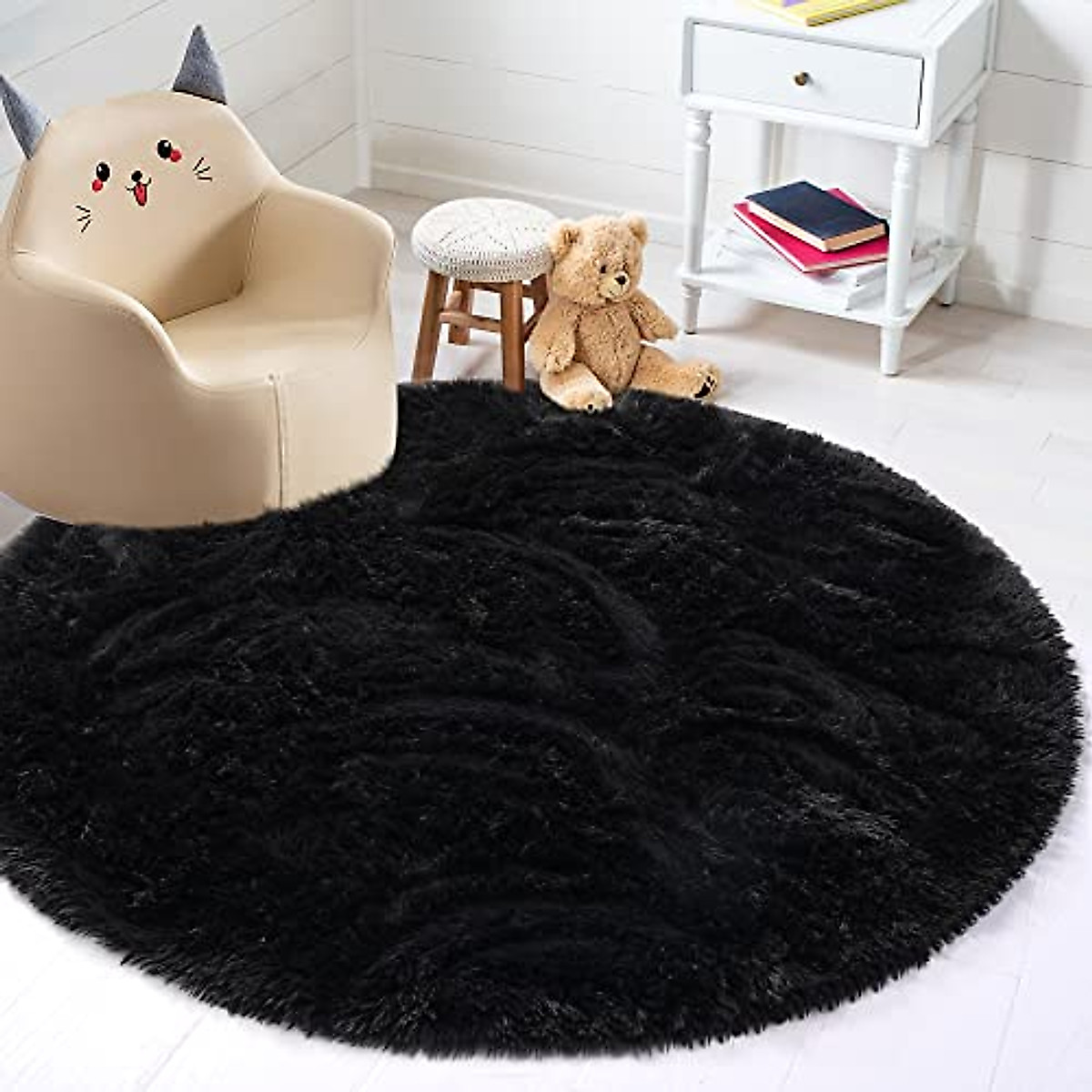 ISEAU Fluffy Round Rug Carpets, Modern Shaggy Circle Rug for Kids Bedroom Extra Comfy Cute Nursery Rug Small Circular Carpet for Boys Girls Room Home Decor Area Rug, 4ft Rugs, Black