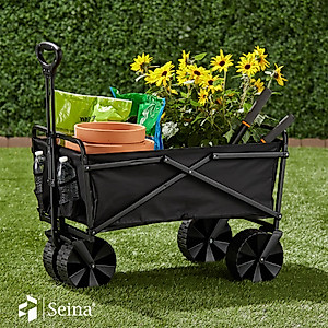 Seina 150 Pound Capacity Heavy Duty Steel Frame Collapsible Folding Outdoor Portable Utility Cart Wagon with All Terrain Plastic Wheels, Black