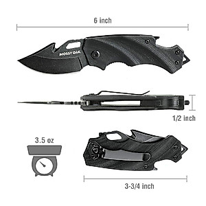 MOSSY OAK Mini Folding Pocket Knife, 2.5-inch Stainless Steel Drop Point Blade - G10 Handle EDC Multifunction Tool with Bottle Opener and Glass Breaker (Black), Good Merry Christmas Gift