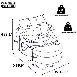 Oversized Swivel Accent Barrel Chair with Storage Ottoman+4 Pillows, Modern Upholstered Comfy Sofa Chaise Leisure Round Lounge Chair for Living Room/Bedroom(42in Chenille Black)