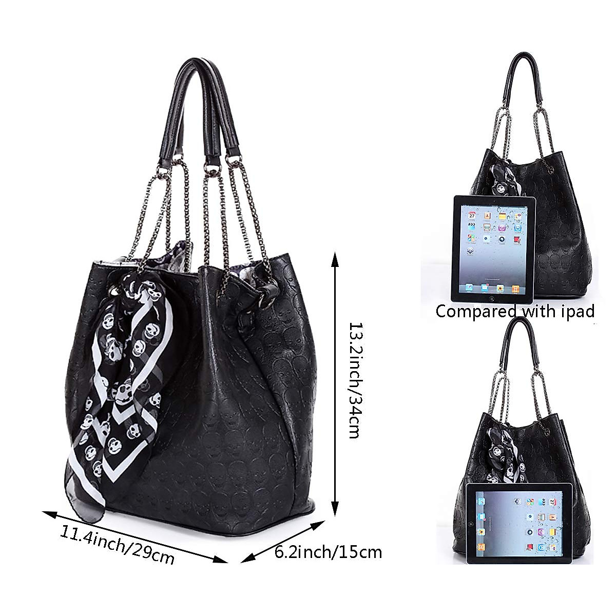 RainboSee Women's 2Pcs Skull Purses and Handbags Punk Tote Top-handle Shoulder Satchels Bag Clutch Black