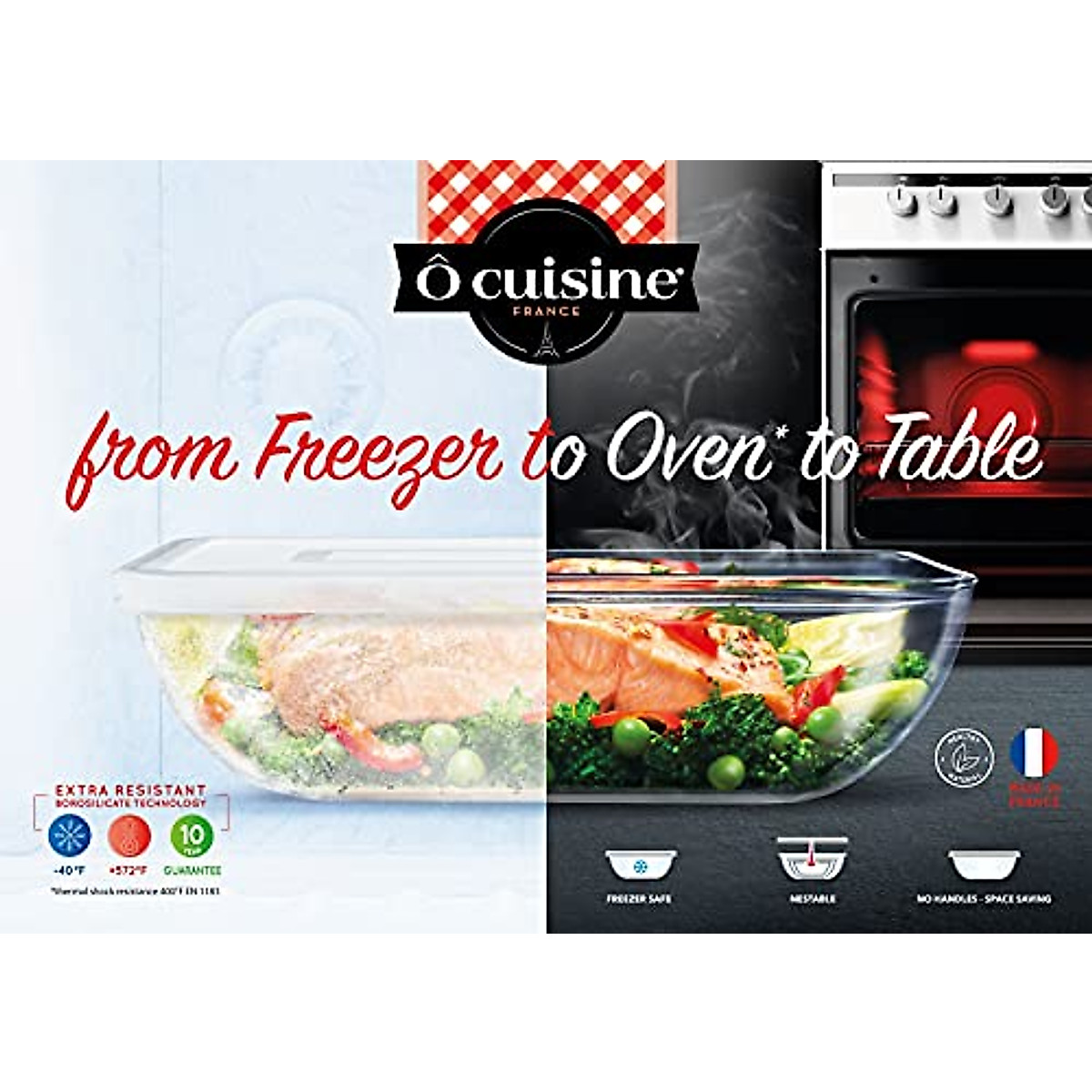 Ôcuisine 334S115 tempered borosilicate glass food storage rectangular, meal prep containers, oven cooking (without lids), BPA FREE, Made in France, Set of 3