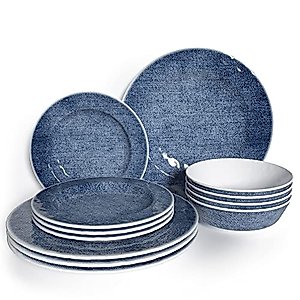 Barnyard Designs 12-piece Melamine Dinnerware Set, Durable Chip-Resistant Dishware for Indoor/Outdoor Use, Farmhouse Dishes, Service for 4, Denim Blue, (Dinner Plate: 11”, Salad Plate: 8.5”, Bowl: 7”)