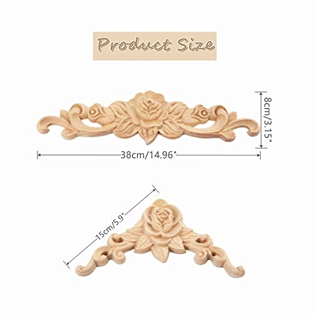 MUXSAM Wood Rose Appliques Onlays Set, 5-Pack Unpainted Decorative Carved Decals for Bed Door Cabinet Wardrobe Mantel Ceiling Wall Headboard Upgrade Decor Craft DIY Projects, 15x15cm+38x8cm