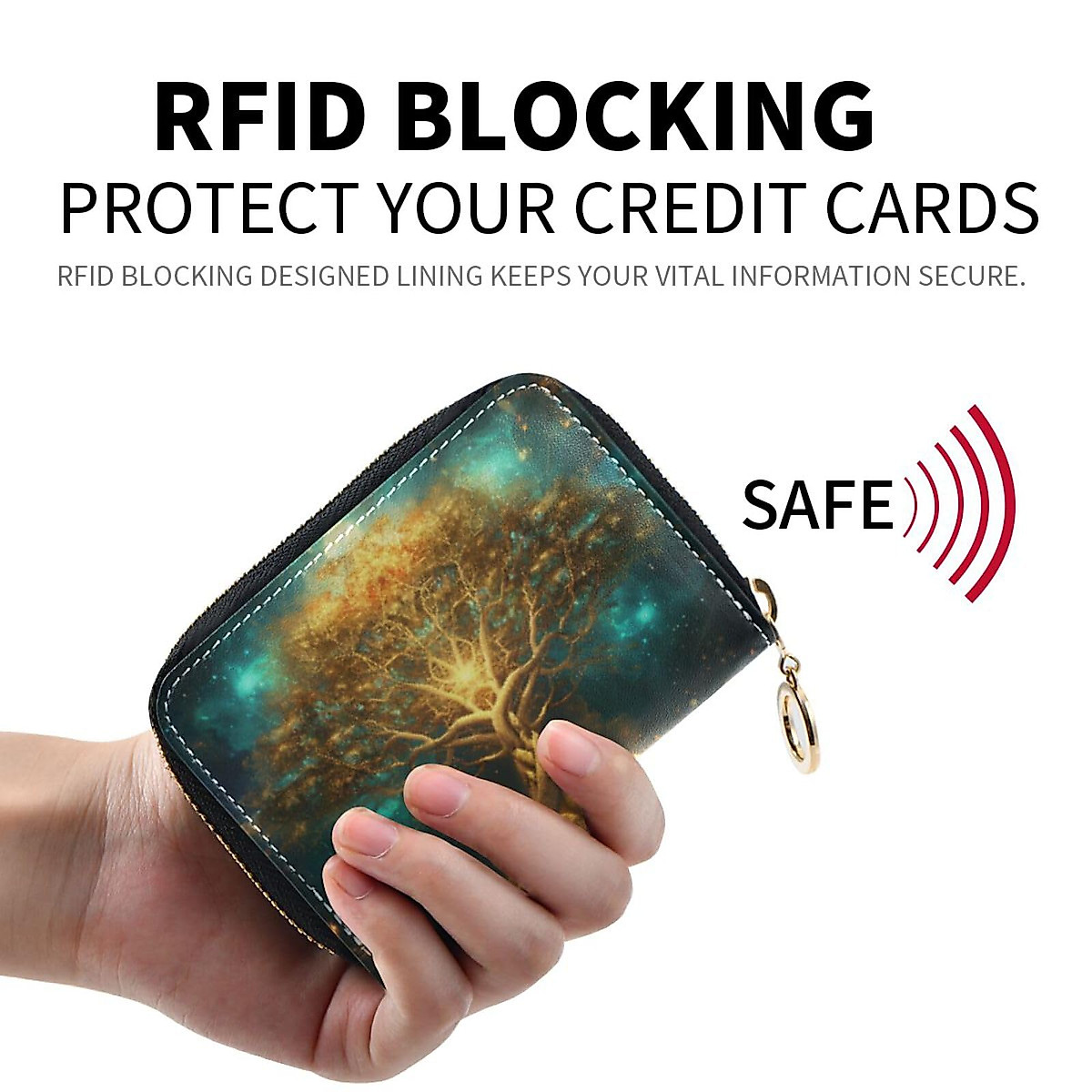 Sletend RFID Credit Card Holder Tree Of Life Leather With Zipper Card Case Wallet for Women Girls