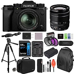 FUJIFILM X-T5 Mirrorless Camera with 18-55mm Lens (Black) Bundle with Extra Battery & Charger Kit, Tripod, Backpack, & More (14 Items) | USA Authorised with Fujifilm Warranty | Fuji xt5