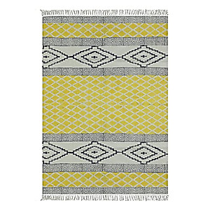 Casavani Hand Made Cotton Dhurrie Geometric Yellow & Black Tassel Rug Easy Care Washable Rugs for Doormat Entryway Living Room Bedroom Hallway Balcony 8x10 Feet