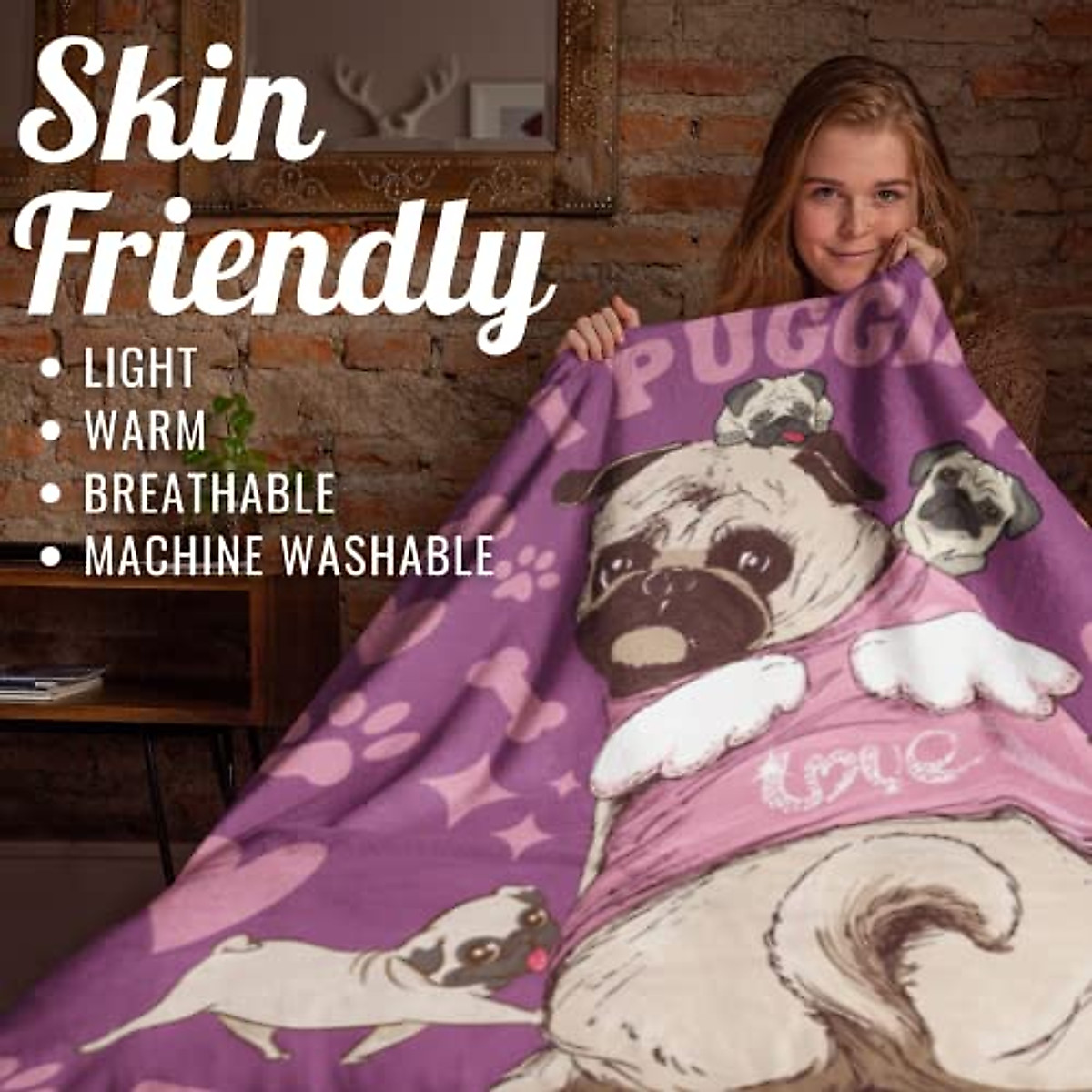 InnoBeta Pug Blanket, Pug Gifts, I Puggin’ Love You, Pug Flannel Blanket for Pug Lovers, Soft Throw Blanket for Women, Girlfriend, Besties, Wife, Bed, Sofa Blanket 50"x 65"