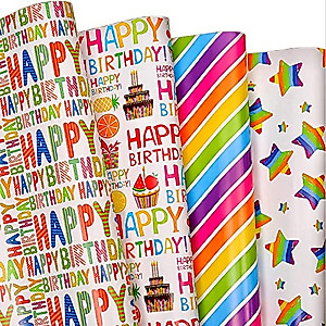 THMORT Birthday Wrapping Paper for Kids, Boys&Girls, Adults. Gift Wrapping Paper With Colorful Happy Birthday Font Print, Star, Rainbow Stripe lines,4 Bright and Shine Designs for Baby Shower, Holiday, Party. Pack Of 12 Sheets 20 X 29 Inch