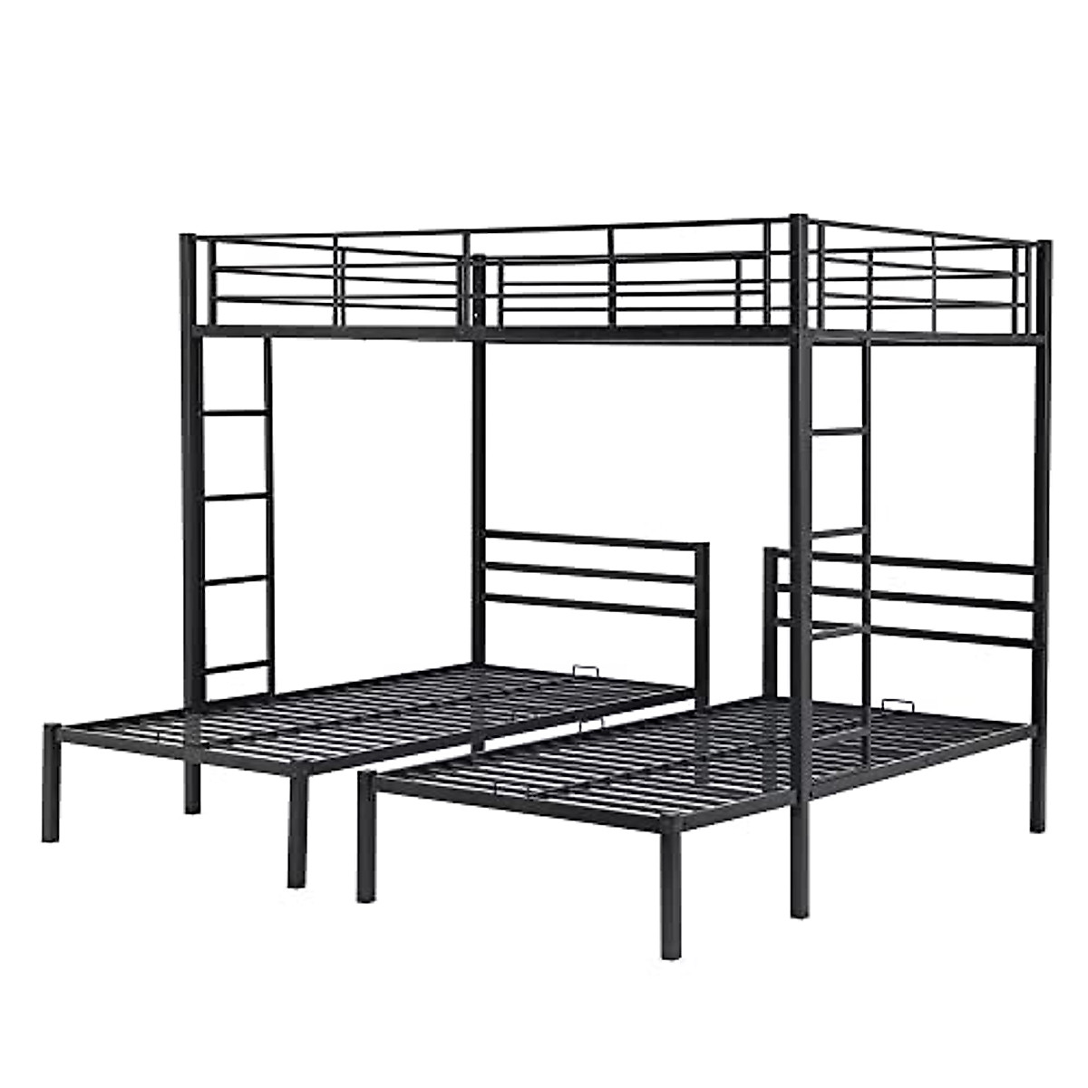 DEYOBED Full Over Twin & Twin Metal L-Shaped Triple Bed Bunk Bed with Shelf and Dual Ladders - Functional and Stylish Sleep Arrangement for Kids, Teens, Adults