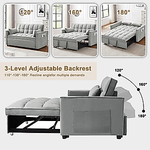 SumKea Pull Out Couch Bed Sleeper Sofa, Velvet 3-in-1 loveseat Sofa Bed with Pull-Out Bed, Two Throw Pillows, Grey
