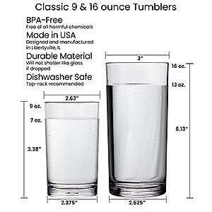 US Acrylic Classic Clear Plastic Reusable Drinking Glasses (Set of 8) 9oz Juice & 16oz Water Cups | BPA-Free Tumblers, Made in USA | Top-Rack Dishwasher Safe