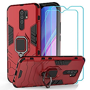 Ytaland for Xiaomi Redmi 9 Case,with 2 x Tempered Glass Screen Protector. (3 in 1) Shockproof Bumper Defender Protective Phone Cover with Ring Kickstand (Wine Red)