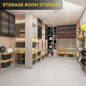 Nazhura 72Quart Plastic Storage Bin, Stackable and Nestable Storage Boxes with White Lids and Secure Latching Buckles, Large Storage Container (Black/Yellow, 72Quart-6Pack)