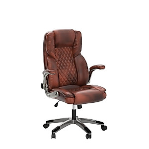 REFICCER Brown Leather Office Chair with Flip up Arms, Ergonomic Executive Office Chairs with Wheels, 90-120° Rocking High Back Office Desk Chair with Lumbar Support, Swivel Task Chairs