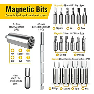 AZUNO 24 IN 1 Ratchet Screwdriver Set with Universal Socket, 20 CRV Bits Stored in Handle, 12+8 Slotted/Philips/Torx/Hex/Square Sand Blasted Bits and Chrome Plated Precision bits.