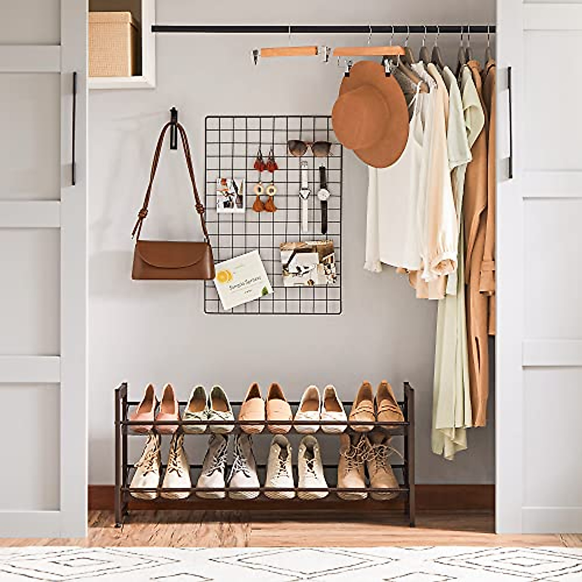 SONGMICS Shoe Rack, 2-Tier Stackable Shoe Storage Shelf, Flat or Angled Shoe Organizer, Metal Shoe Tower Stand for Closet Entryway, Bronze