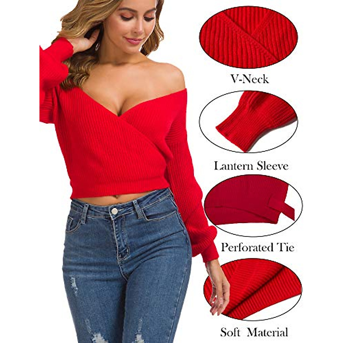 Women Knitted Crop Deep V-Neck Long Sleeve Pullover Cross Wrap Front Loose Sweater