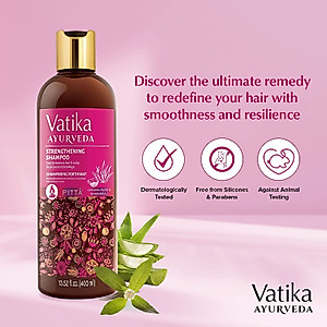 Vatika Ayurveda Strengthening Shampoo, Natural Deep Moisturizing, Hydrating Contains Aloe + False Daisy for Dry, Thin, Color Treated Hair, Long Hair, Split Ends & Strengthening Hair, 400ml (For Pitta)