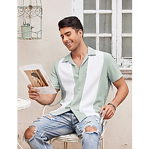 COOFANDY Vintage Mens Bowling Shirts Button Up Vacation Shirts Loose Fit Short Sleeve Shirts Green White