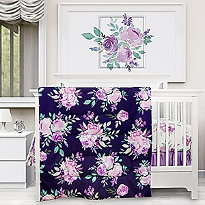TANOFAR 5 Piece Crib Bedding Set for Girls, Baby Nursery Crib Bedding Set, Purple Flower Minky Blanket, Crib Skirt, Quilt, Crib Sheet and Diaper Stacke,Crib Bedding Set for Girls
