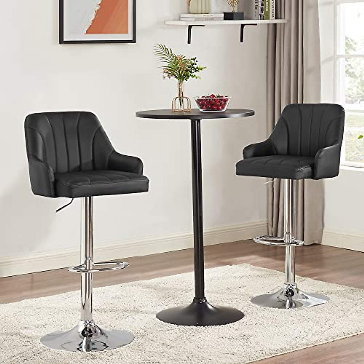 VECELO Bar Stools Set of 2, Adjustable Barstools, Counter Height Stools with Back and Arm, Kitchen Island Stools, Swivel PU Chairs for Pub, Dining Room, Modern Style, Black