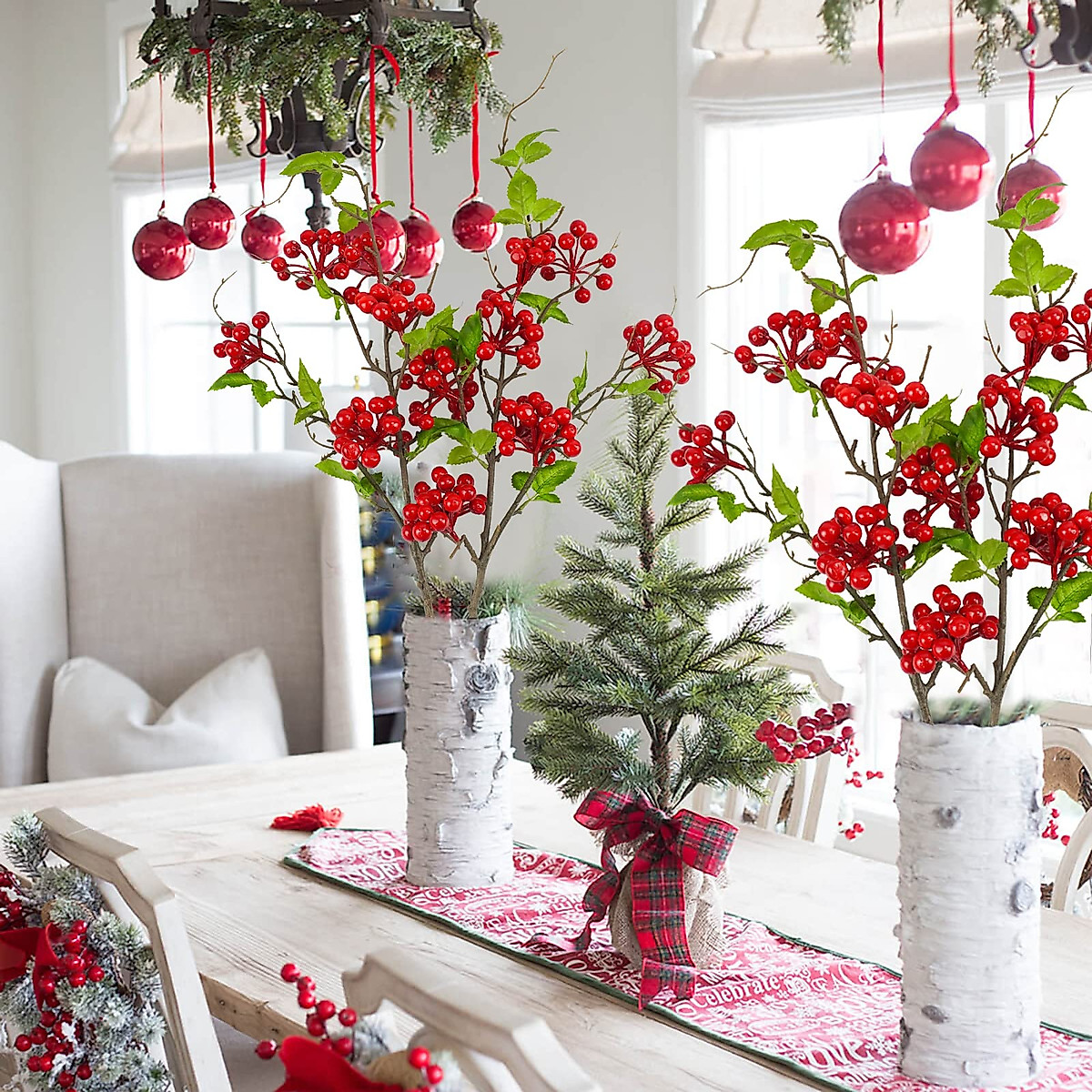 Phliofd 2 Pack Christmas Red Berries Picks 32in Red Berry Stems Christmas Decoration Red Christmas Ornaments for Home Kitchen Outdoor Garden Wedding Party Holiday Decor