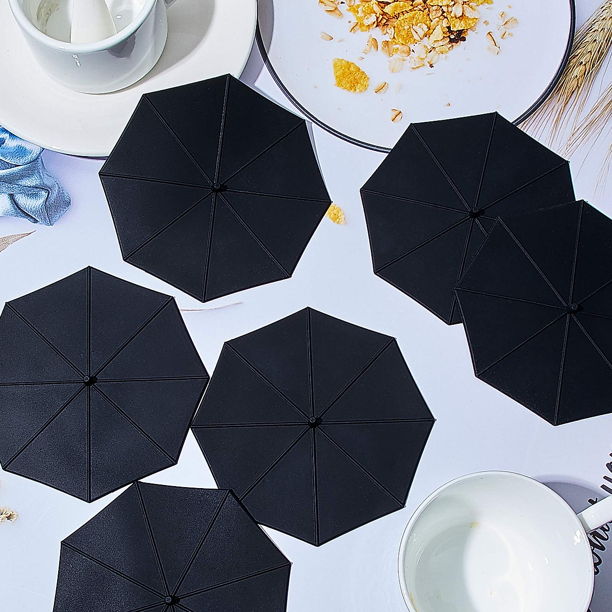 6 Pieces Silicone Cup Lids Umbrella Mug Cup Lid Covers Anti-Dust Silicone Glass Cup Covers Coffee Cup Suction Seal Lid Caps to Keep Drink Warm or Cold (Black)