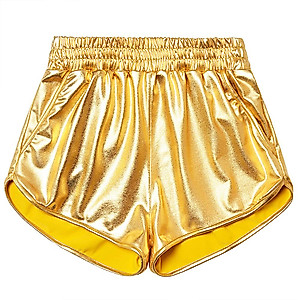 MAKARTHY Women's Metallic Shorts Elastic Waist Shiny Sparkly Rave Pants (Gold, Large)